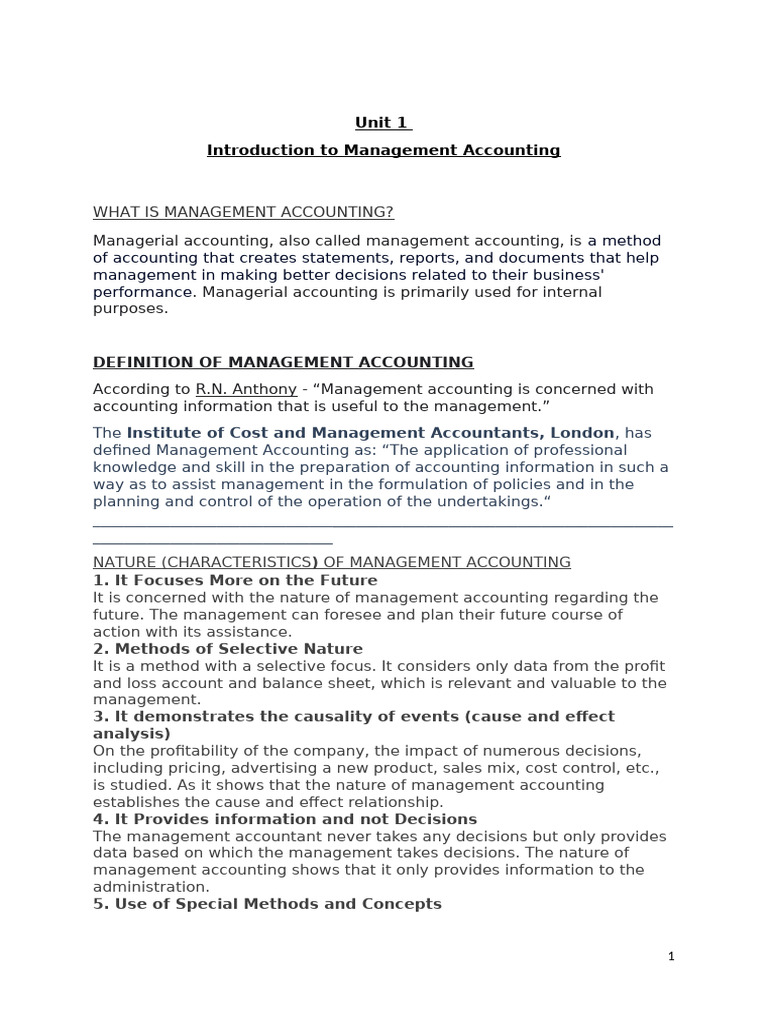 MA Theory Notes Unit 1&5 | PDF | Management Accounting | Budget