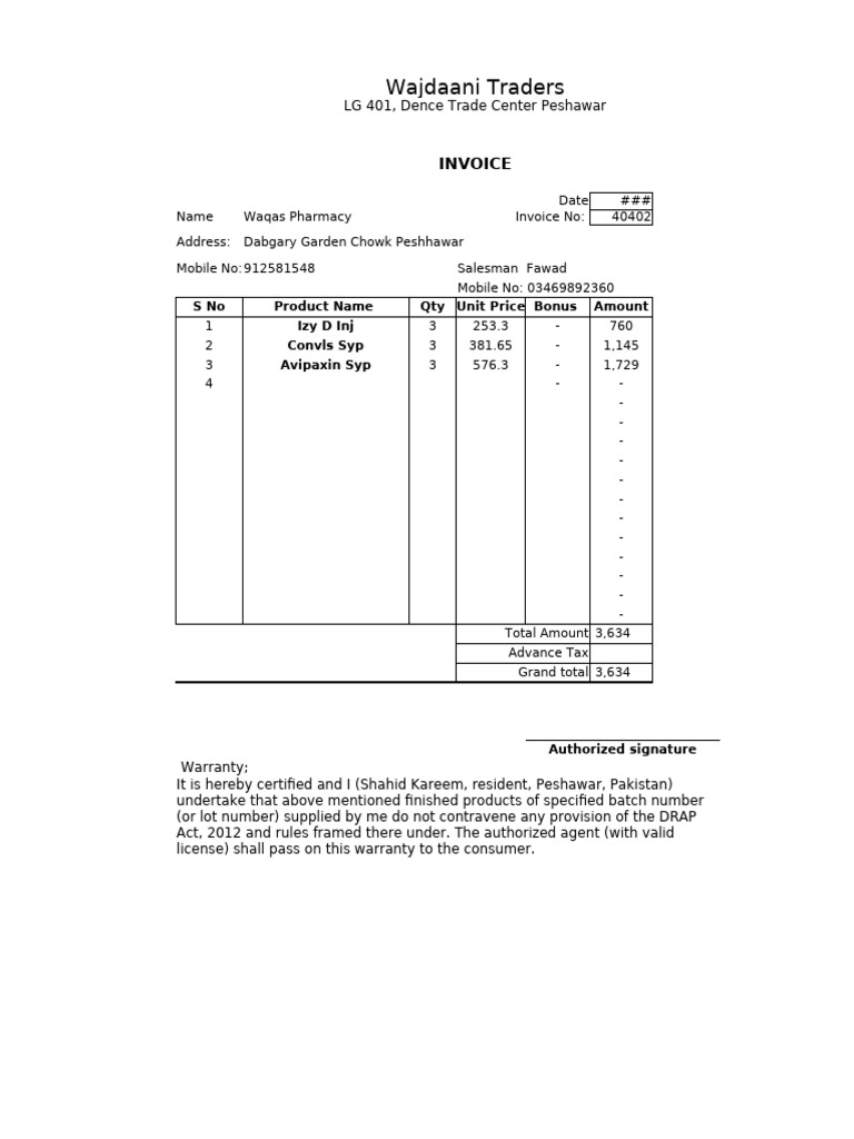 Waqas Pharmacy Invoice Summary | PDF
