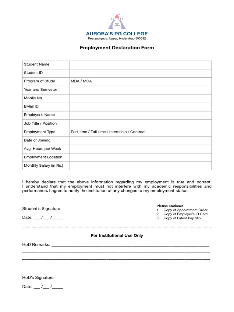 Student Employment Declaration Form | PDF