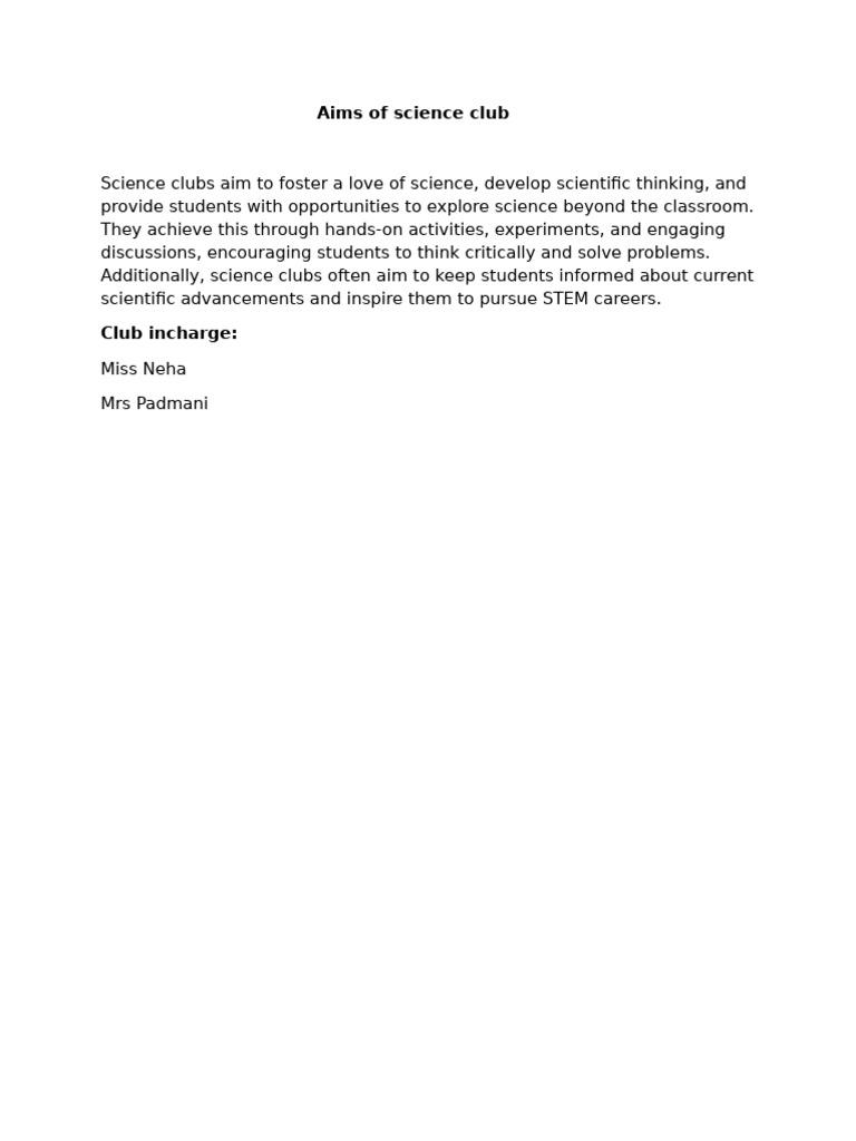 Science Club Aims and Activities | PDF