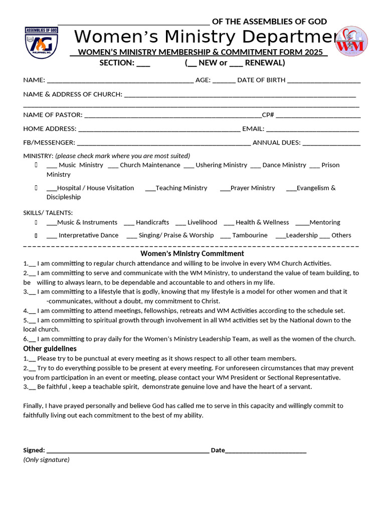 WM Membership Commitment Form 2025 | PDF | Christian Movements ...