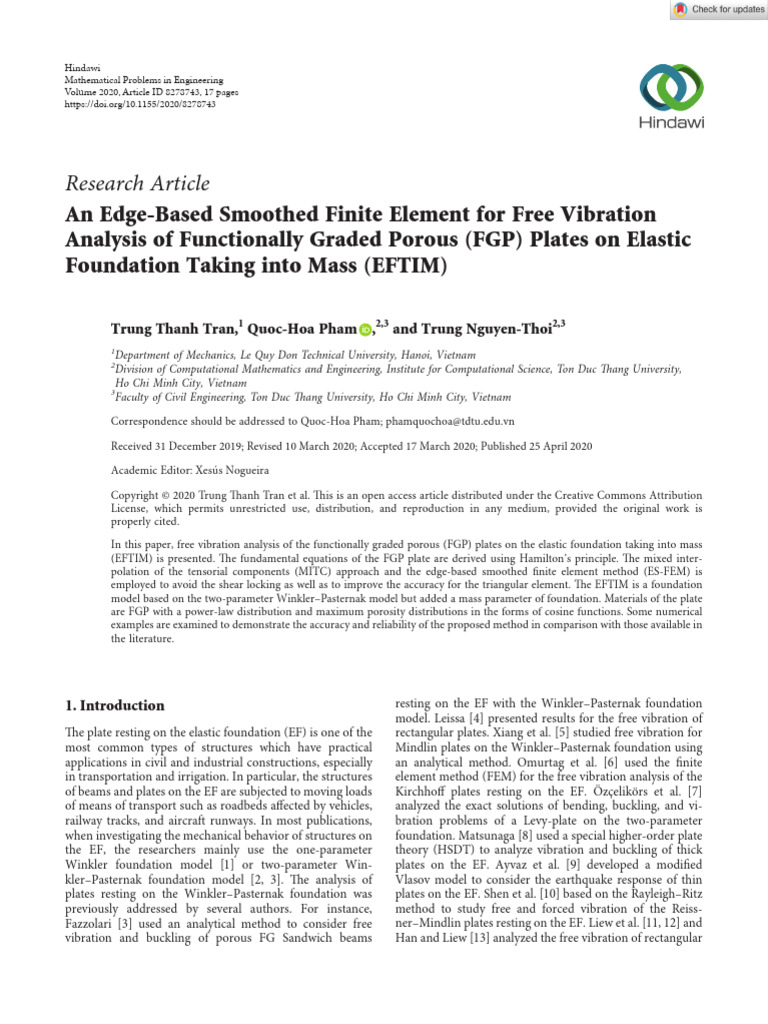 Mathematical Problems in Engineering - 2020 - Tran - An Edge‐Based Smoothed Finite Element for ...