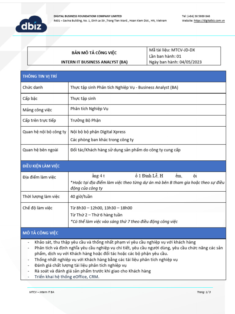 DBIZ - JD - Intern IT Business Analyst | PDF