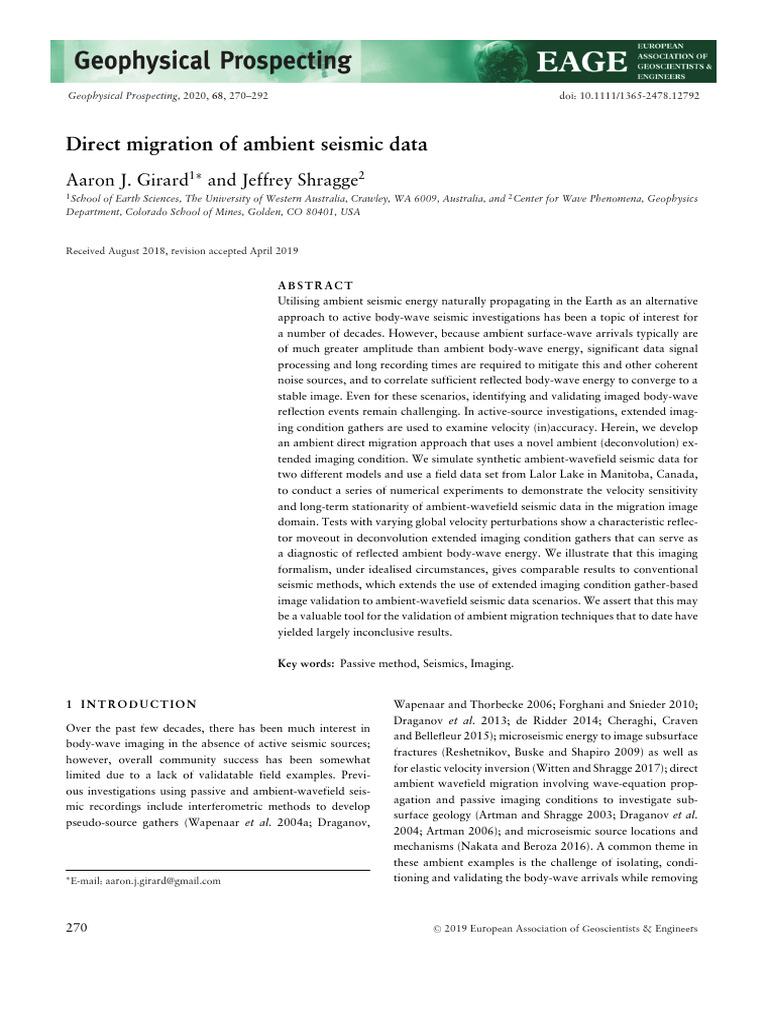 Direct Migration of Ambient Seismic Data | PDF | Reflection Seismology ...