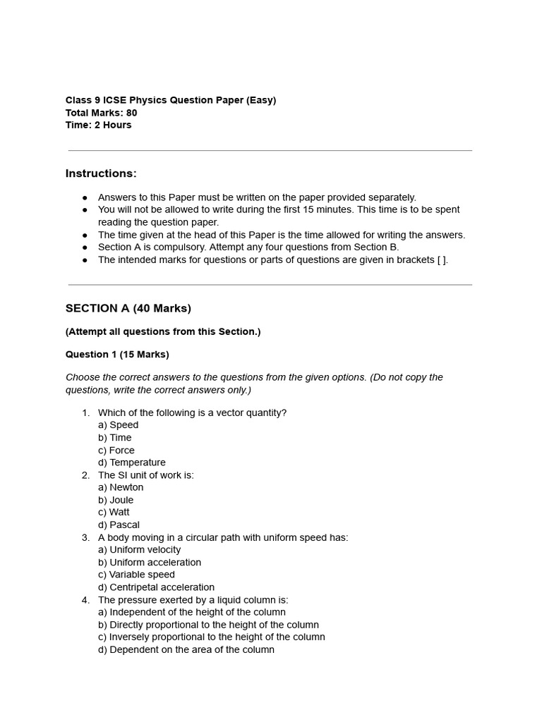 Class 9 ICSE Physics Question Paper (Easy) | PDF | Force | Buoyancy