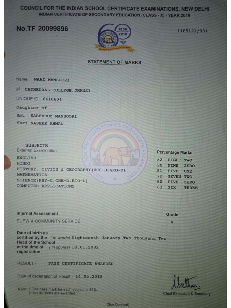 10th Marksheet and Pass Certificate | PDF