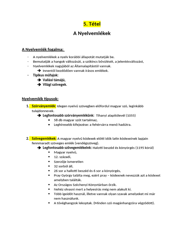 Tétel A Nyelvemlékek | PDF