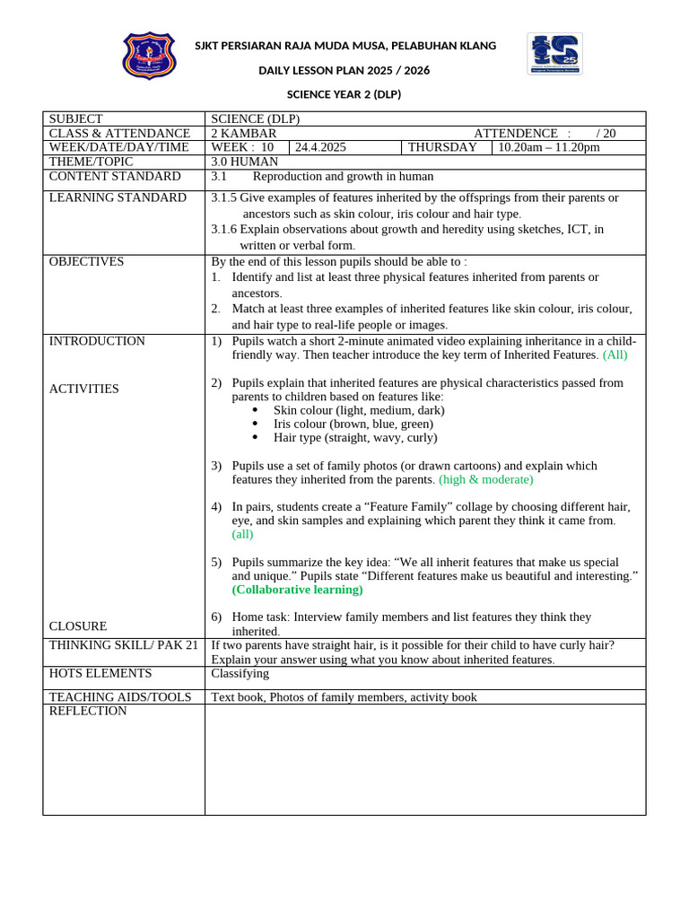 RPH SCIENCE DLP YEAR 2 WEEK 10 | PDF | Hair