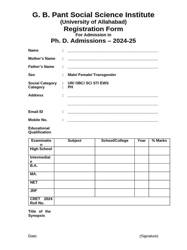 PhD Admission Form 2024-25 | PDF