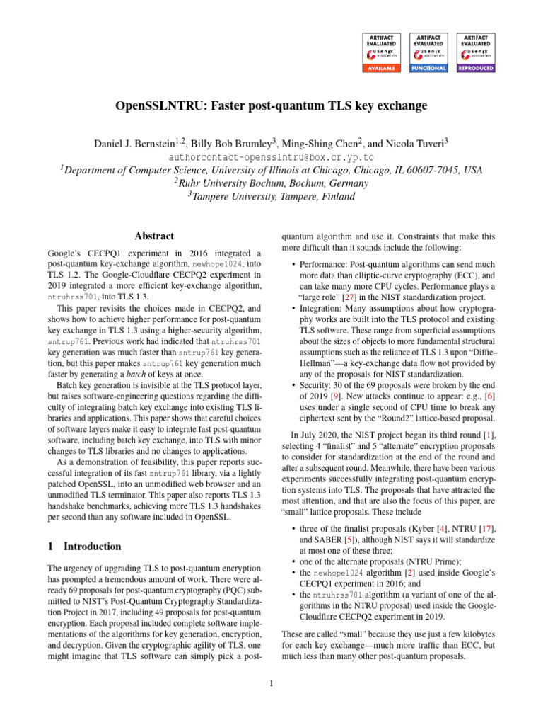 Opensslntru: Faster Post-Quantum Tls Key Exchange | PDF | Transport Layer Security | Cryptography