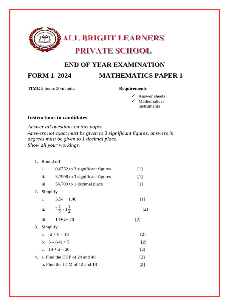 Grade 9 Mathematics Exam Paper 2024 | PDF | Circle | Geometry