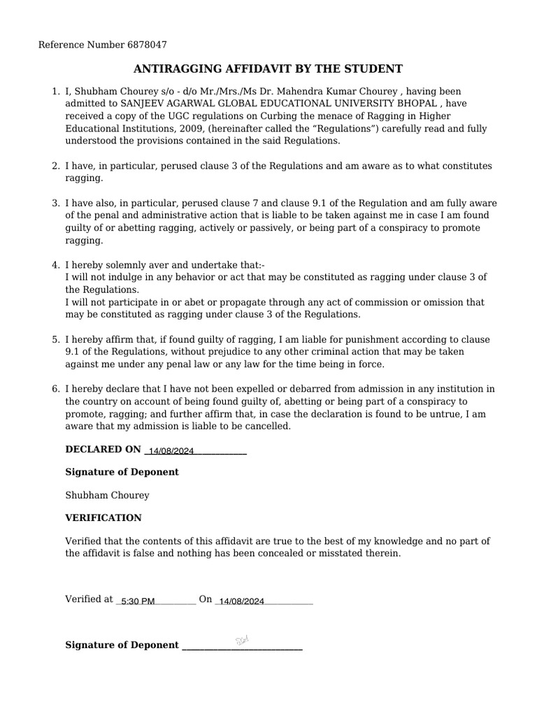 Anti Ragging Affidavit Form | PDF