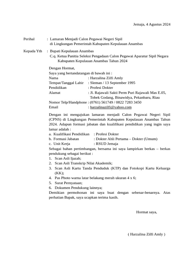 1. SURAT LAMARAN CPNS - HARZALINA ZILFI | PDF
