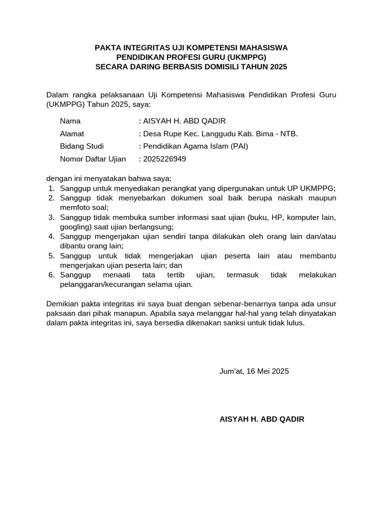 Pakta Integritas Uji Kompetensi Mahasiswa | PDF