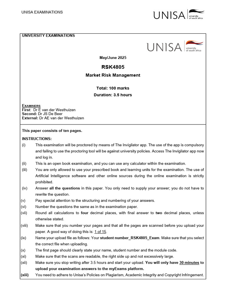 RSK4805-Exam May-June 2025 | PDF | Greeks (Finance) | Value At Risk