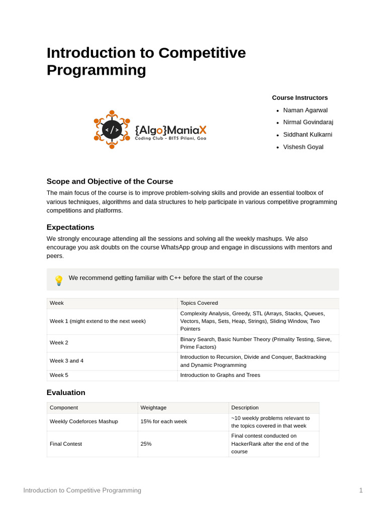 Introduction To Competitive Programming Handout | PDF | Algorithms | Algorithms And Data Structures