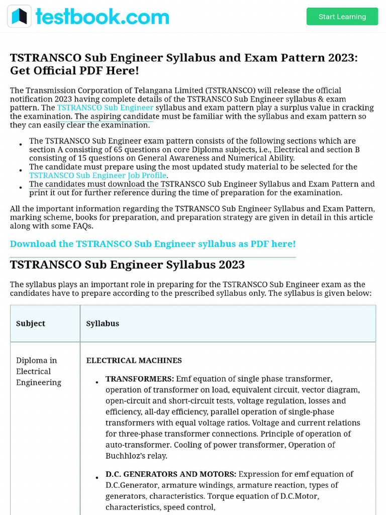 TSTRANSCO Sub Engineer Syllabus and Exam Pattern 2023 - Get Official ...