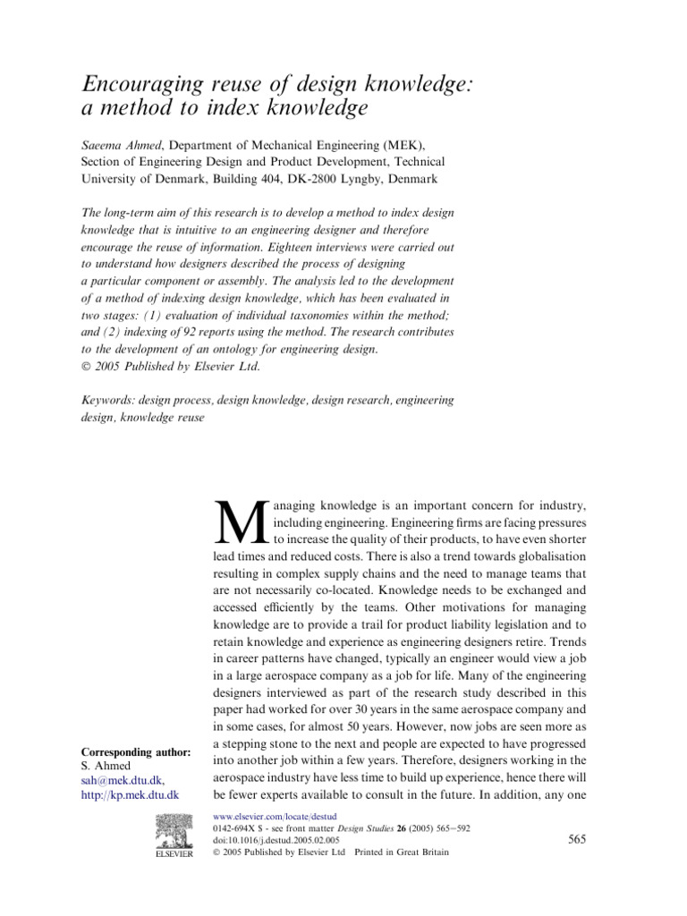 Ahmed - 2005 - Encouraging Reuse of Design Knowledge a Method to Index Knowledge | PDF | Search ...