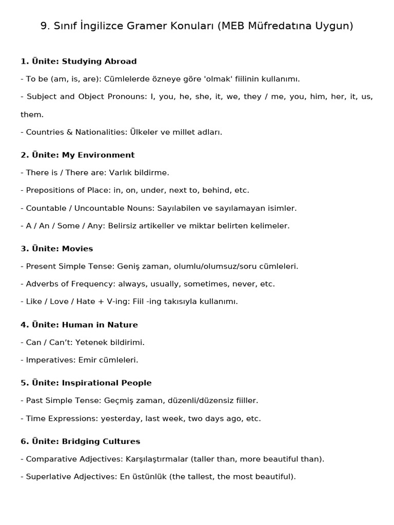9 Sinif Ingilizce Gramer Konu Anlatimi | PDF