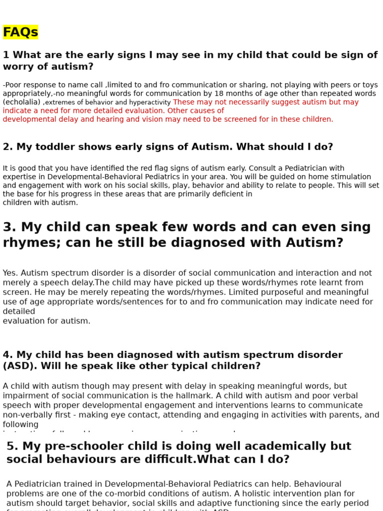FAQs For Parents On Autism | PDF | Autism | Behavioural Sciences