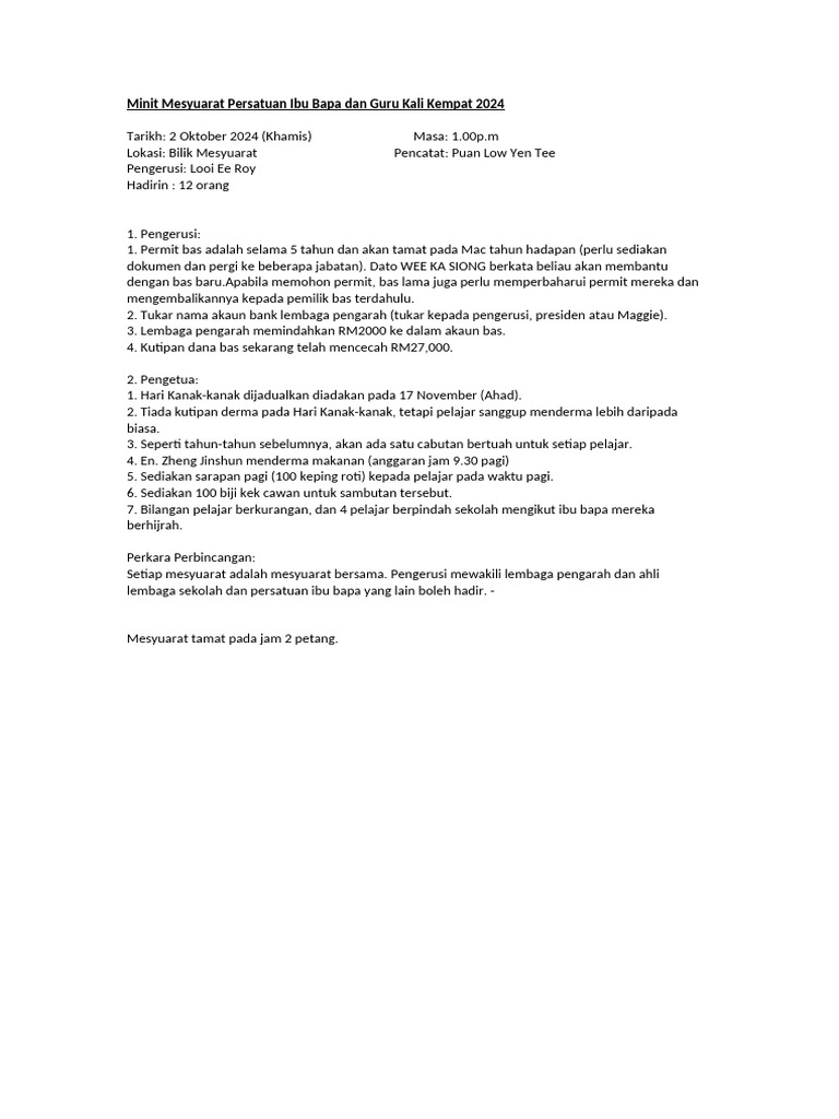Minit Mesyuarat Persatuan Ibu Bapa dan Guru Kali Kempat | PDF