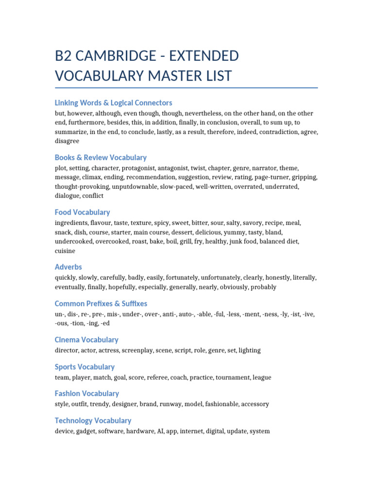 B2 Cambridge Extended Vocabulary List | PDF | Taste