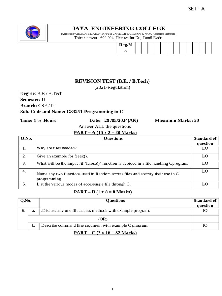 CS3251 C Programming Revision Set A & Set B | PDF | Computer ...