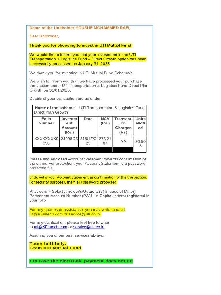 UTI Transportation & Logistics Fund Confirmation | PDF