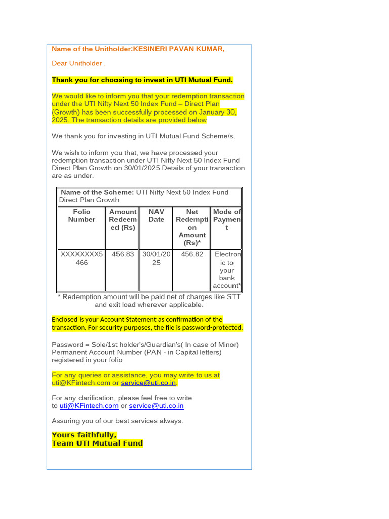 UTI Redemption Confirmation Notice | PDF