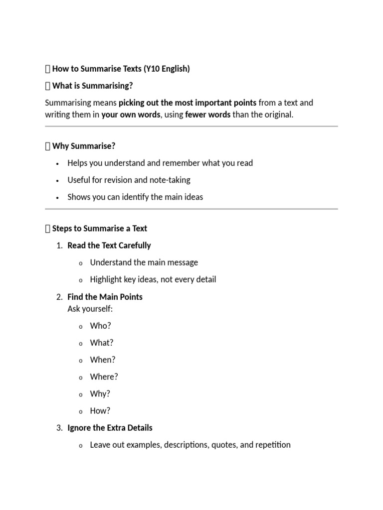 Grade 10 Text Summarising Guide | PDF