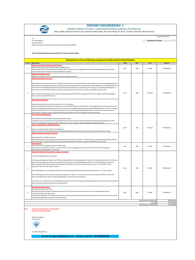 Quotation For Terrace Waterproofing | PDF | Concrete | Plaster