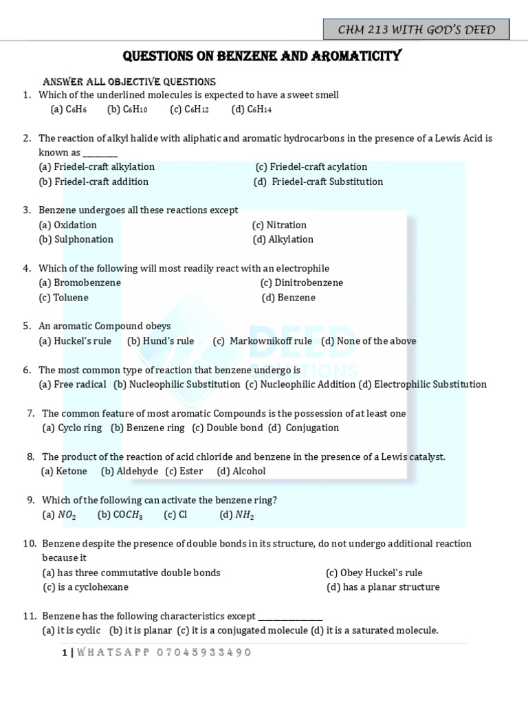 Questions On Benzene and Aromaticity | PDF | Benzene | Aromaticity