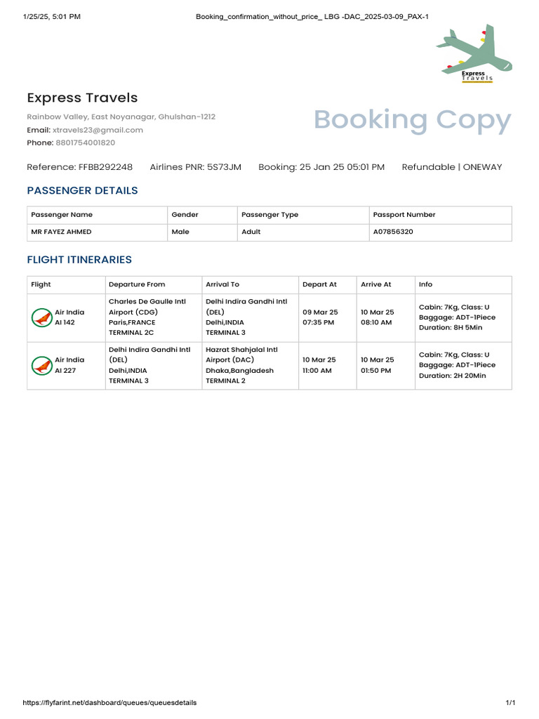 Booking Confirmation Without Price LBG - DAC 2025-03-09 PAX-1 | PDF | Aviation | Transport