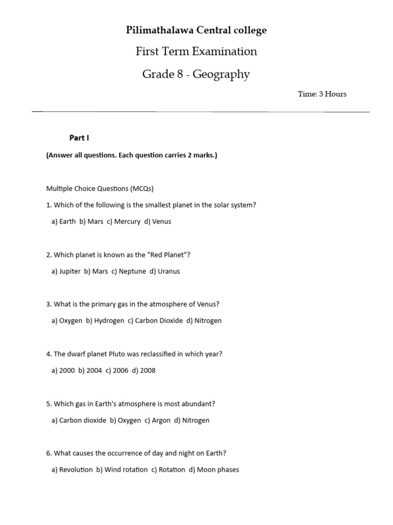 Grade 8 Geography First Term Exam | PDF | Planets | Earth