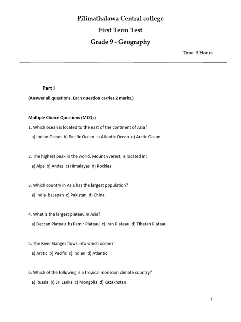 Grade 9 Geography English Medium First Term Test Paper | PDF | Asia ...