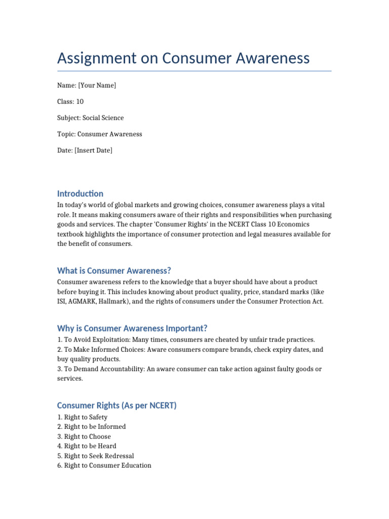 Class 10 Assignment on Consumer Awareness | PDF