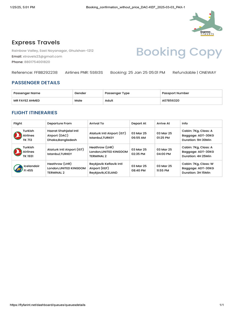 One-Way Flight Itinerary: DAC to KEF | PDF | Civil Aviation | Transport