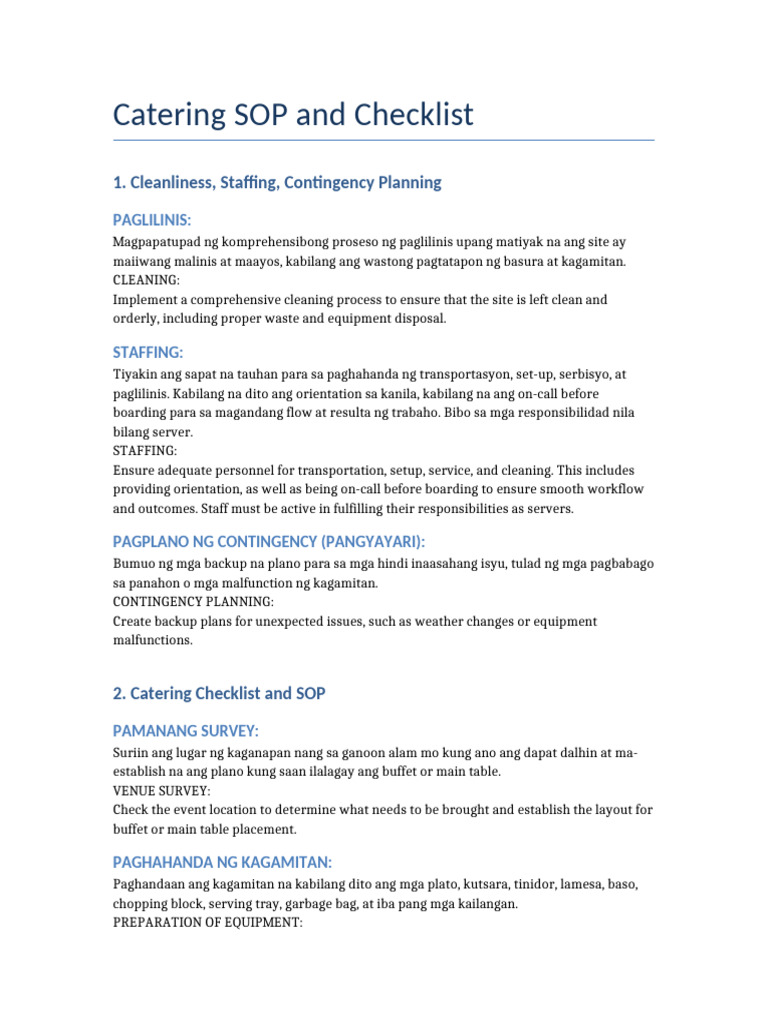 Catering SOP and Checklist | PDF