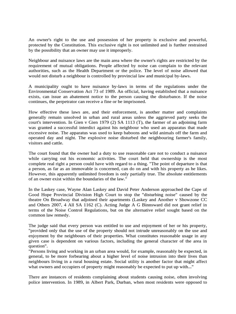 Owner's Entitlement To Use and Enjoy A Property 2025 | PDF | Nuisance ...