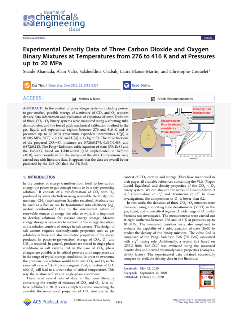 Experimental Density Data of Three Carbon Dioxide and Oxygen Binary Mixtures at Temperatures ...