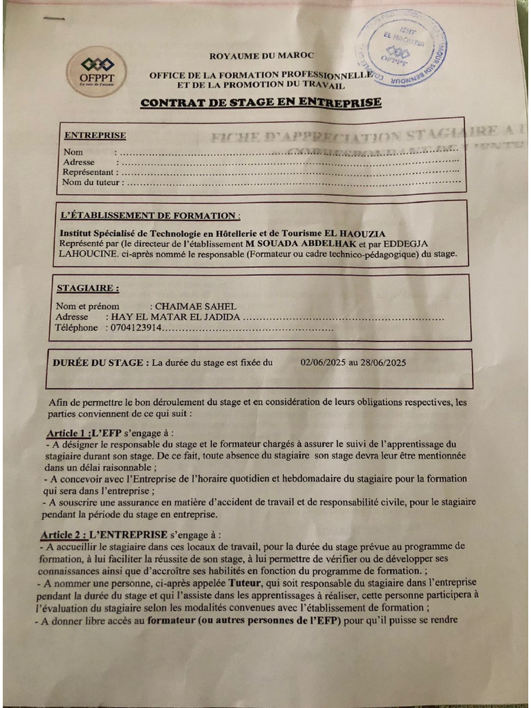 CONTRAT DE STAGE chaimae 1 | PDF