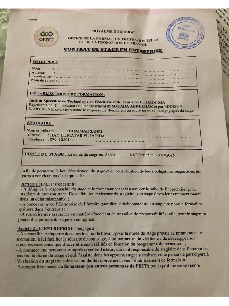 Contrat de Stage Chaimae 2 | PDF