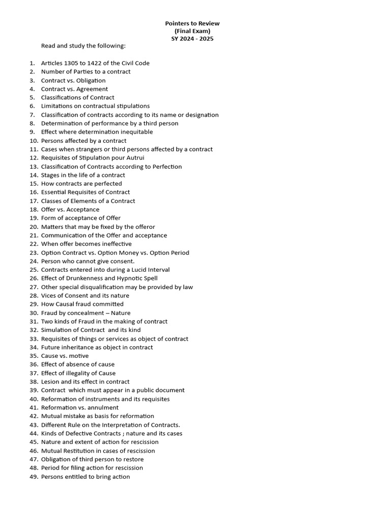 Pointers To Review Finals Contract | PDF | Annulment | Law Of Obligations