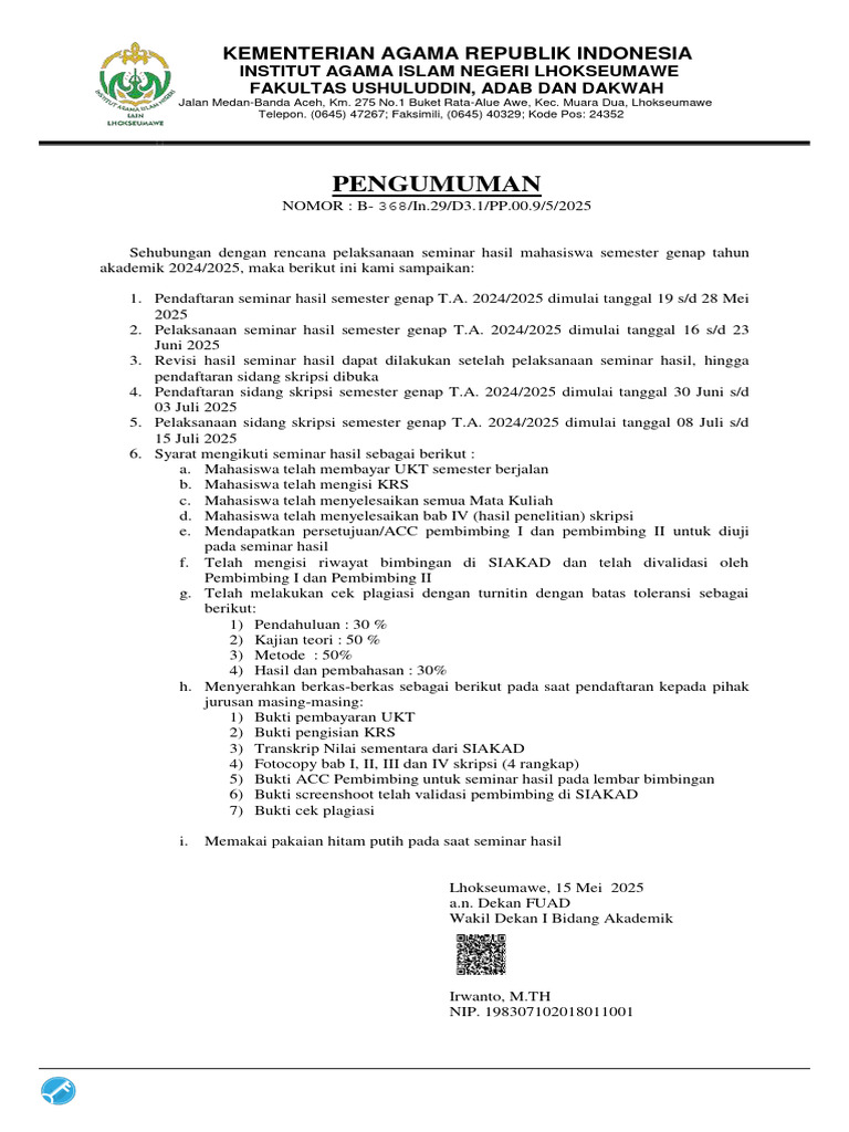 Pengumuman SemHas SMT Genap 2024 2025 | PDF