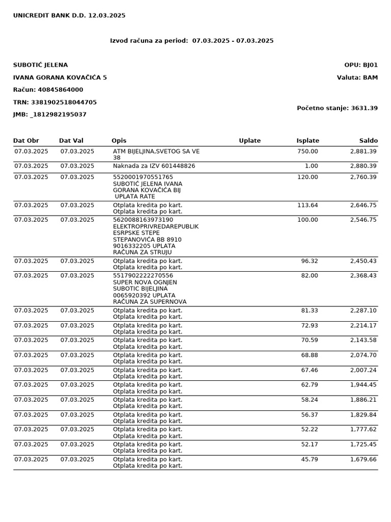 Izvod Po TR 07 03 2025 - JELENA SUBOTIĆ | PDF