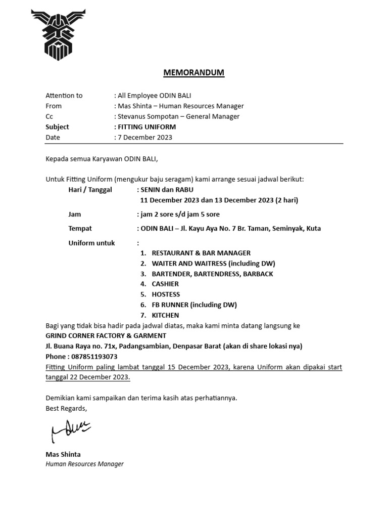 Memo - Fitting Uniform | PDF