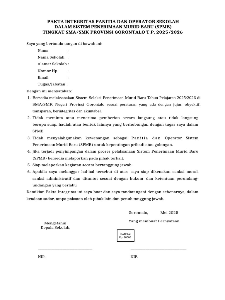 Pakta Integritas Panitia Dan Operator Sekolah SPMB Sma-Smk 2025 | PDF