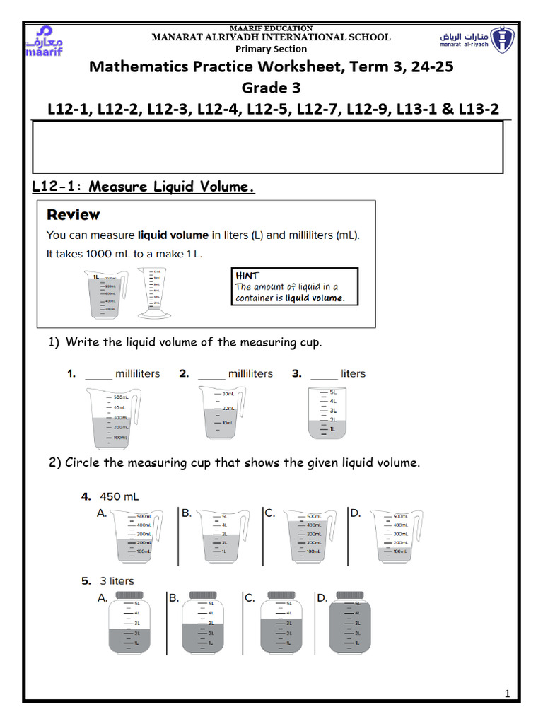 Gr3-Math EOY Practice Worksheet 24-25 | PDF | Mass | Shape
