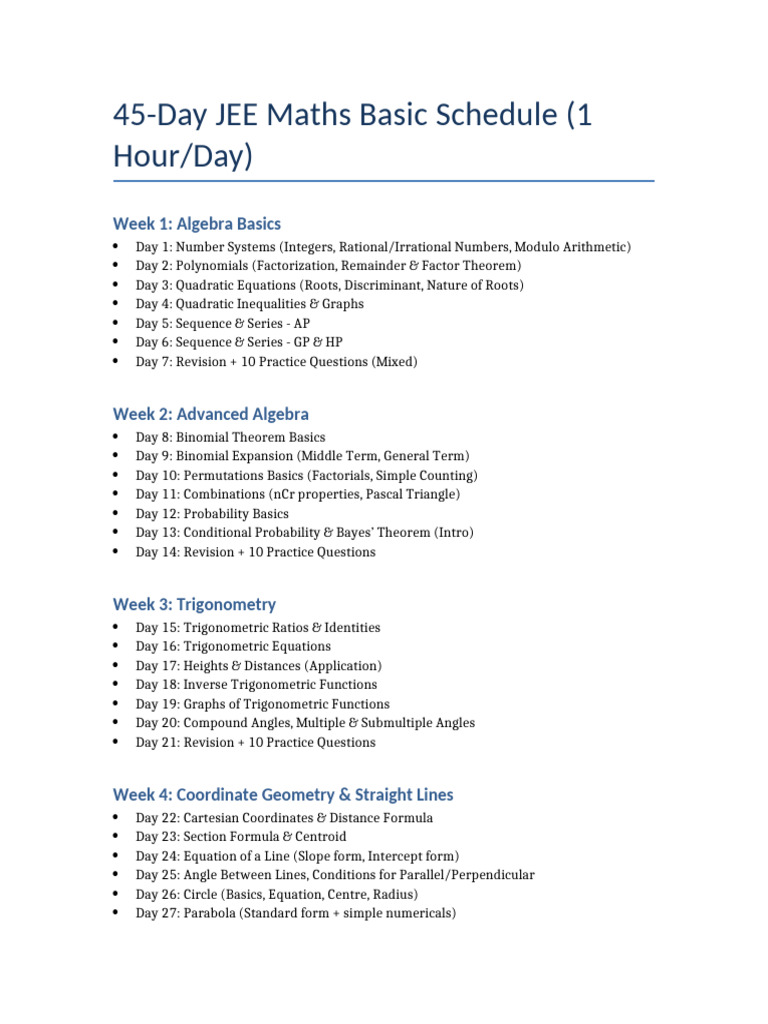 45-Day JEE Maths Study Plan | PDF