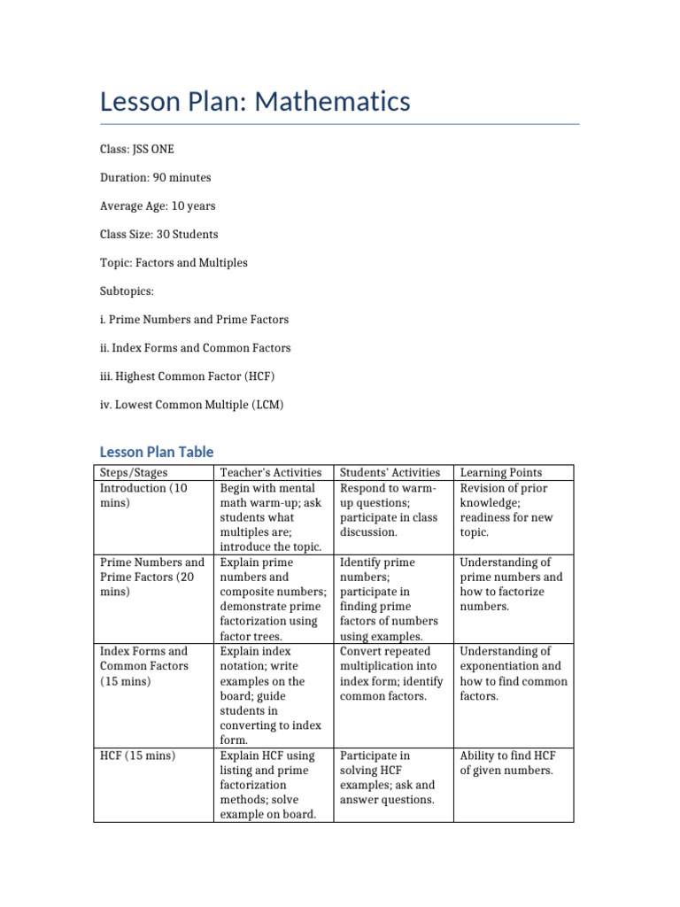 Mathematics_Lesson_Plan_Table_Factors_and_Multiples | PDF | Prime ...
